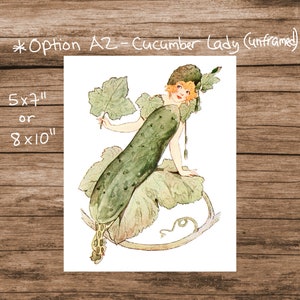 Silly Vintage Cucumber Lady Art, Vegetable Kitchen Illustration ...