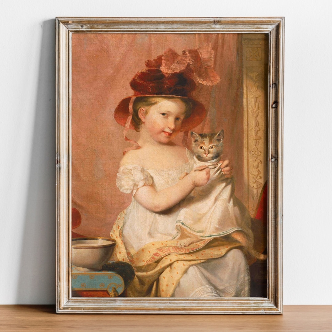 Cute Regency Cat Painting, Little Girl Feeding Cat With a Spoon, High ...