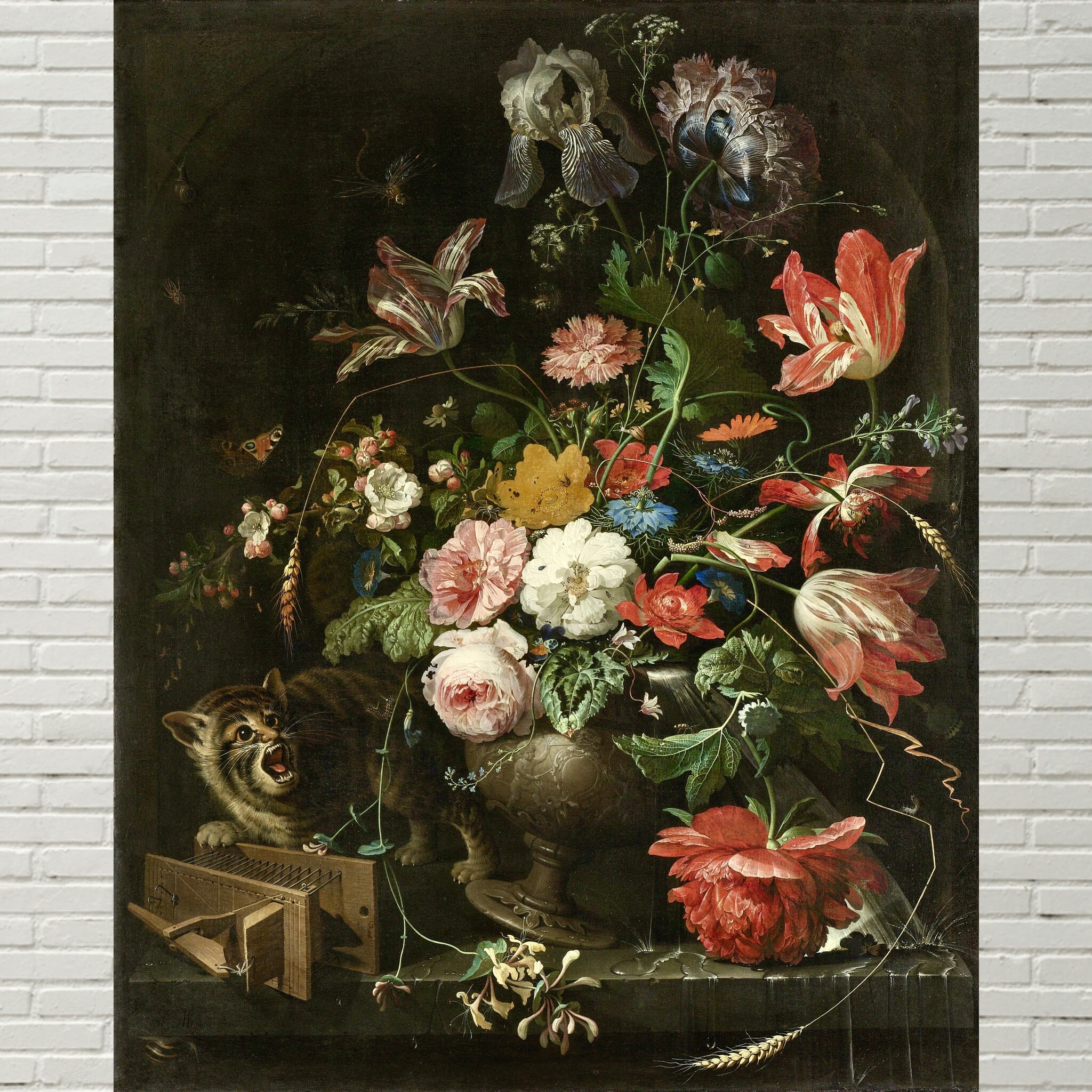 Weird Cat Renaissance Still Life, Cat Knocking Over a Vase of Flowers ...