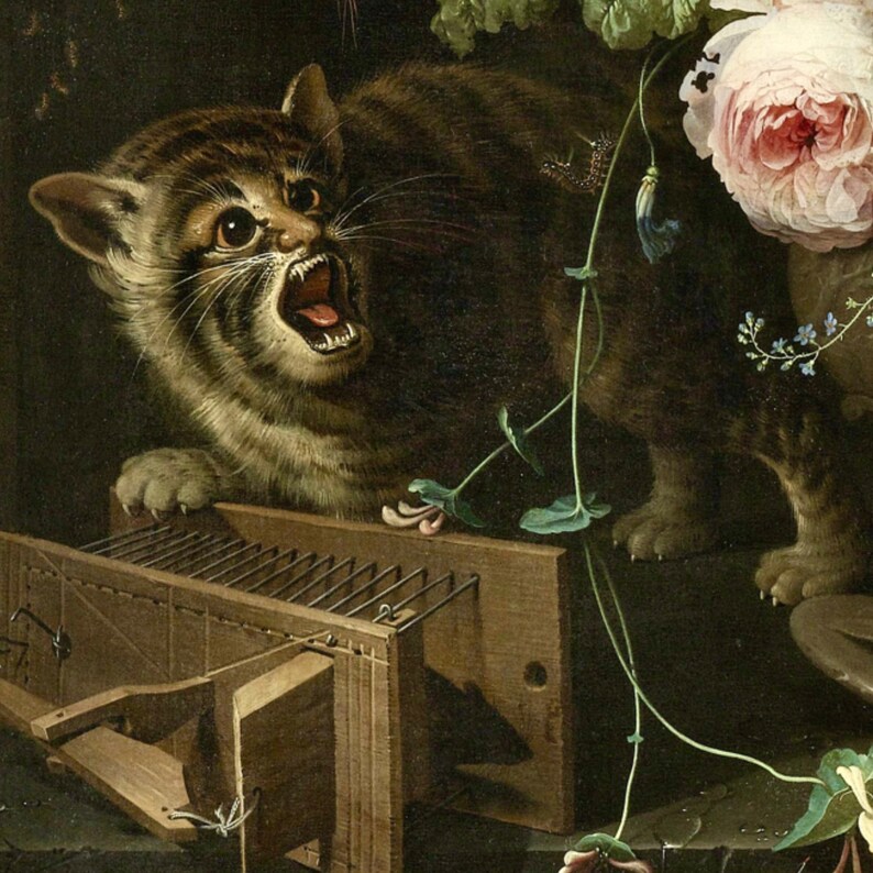 Weird Cat Renaissance Still Life, Cat Knocking Over a Vase of Flowers ...
