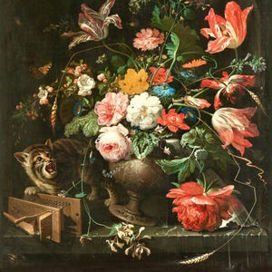 Weird Cat Renaissance Still Life, Cat Knocking Over a Vase of Flowers ...