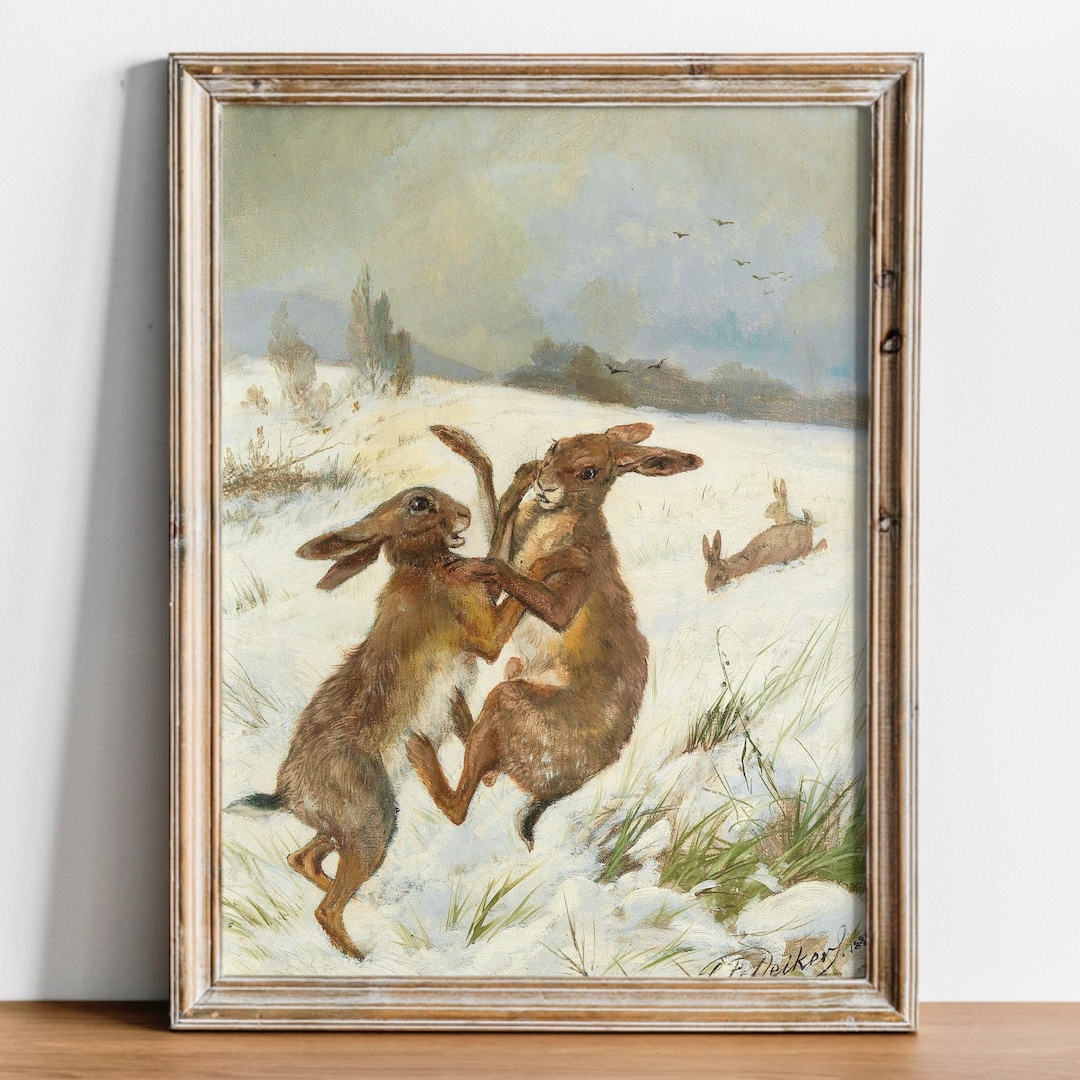 Fighting Rabbits, Antique Victorian Rabbit Painting, Vintage Rabbit Art ...