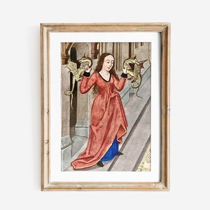 Medieval Illustration, 5x7" Witch and Dragons, 14th Century Book ...