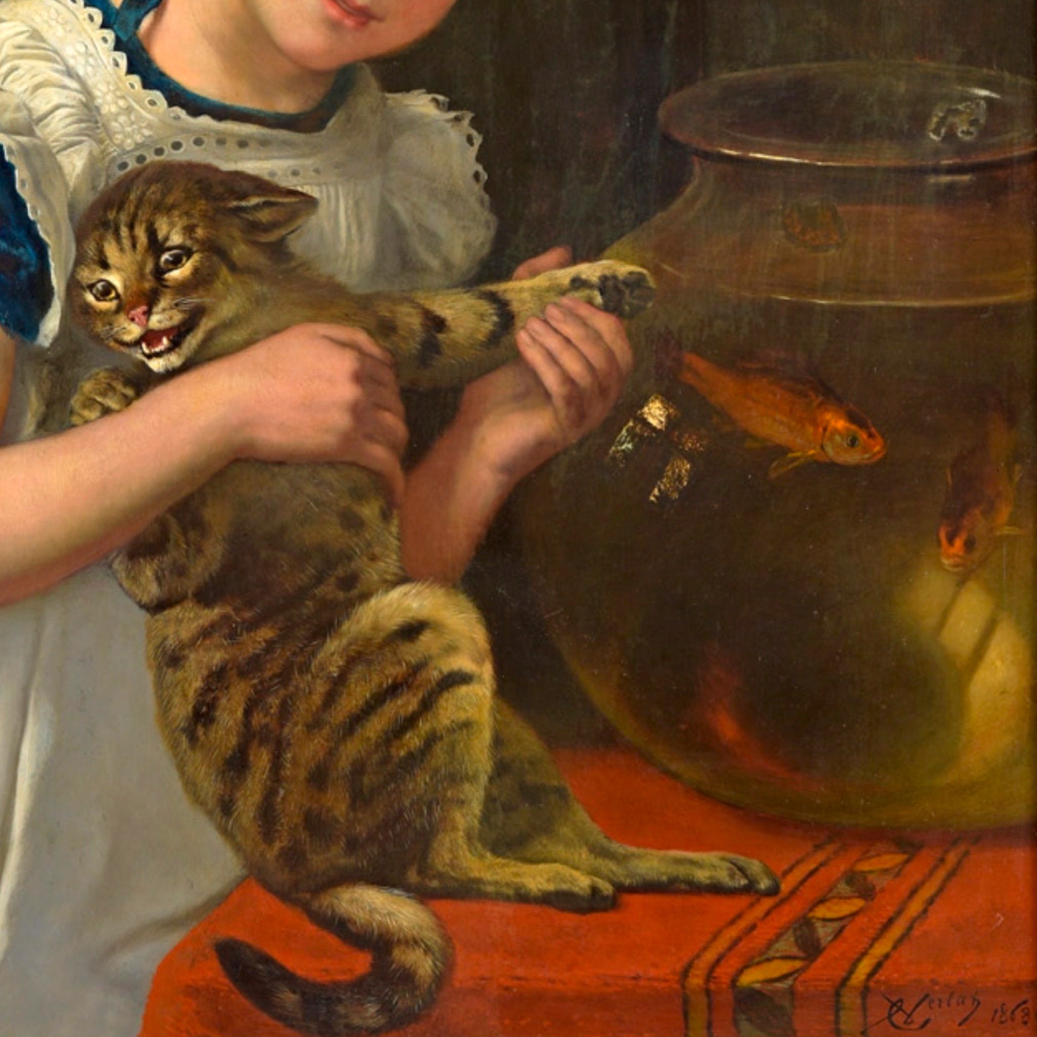 Vintage Naughty Cat Art, Little Girl and Cat Victorian Painting, Cute ...