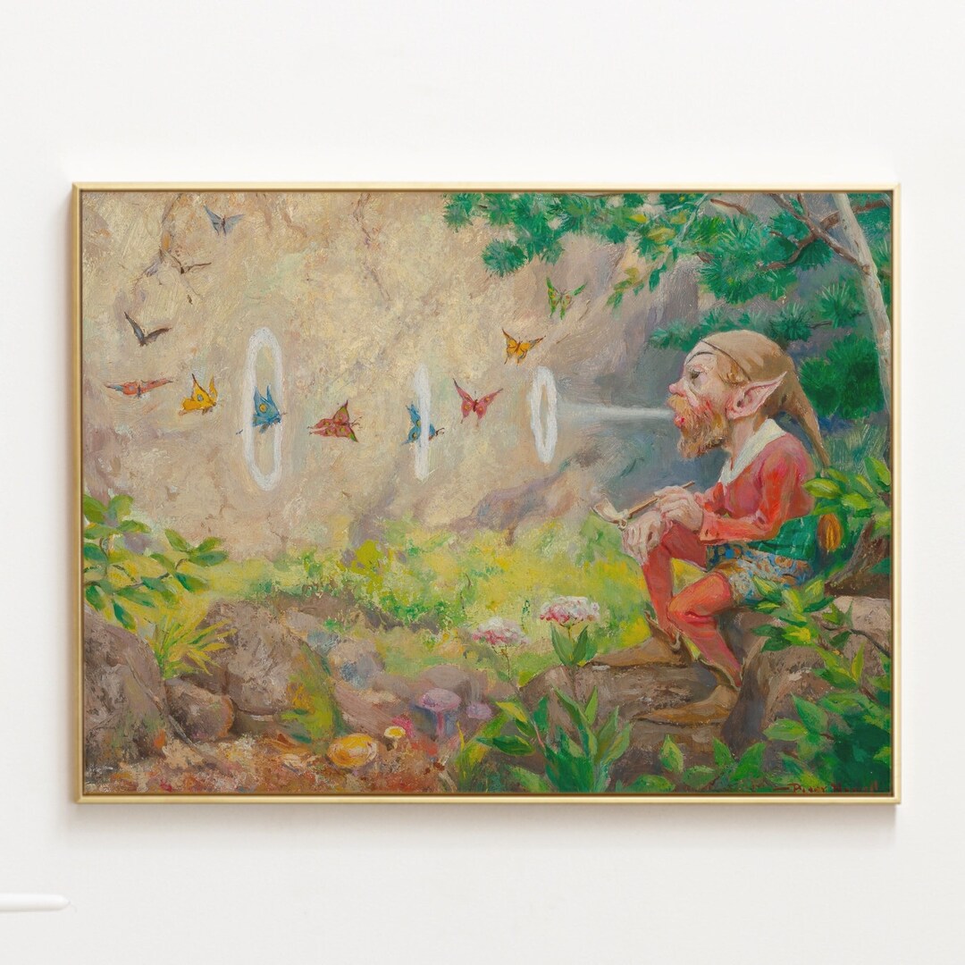 Vintage Gnome Painting, Gnome Smoking Pipe, Blowing Smoke Rings ...