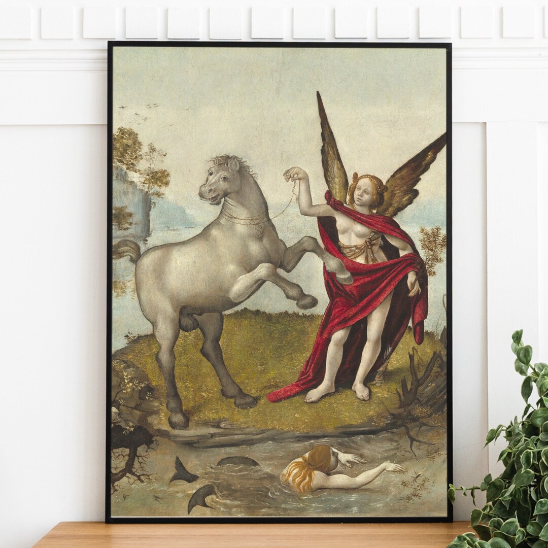 Renaissance Horse Angel and Mermaid Painting, Very Old 15th 16th ...