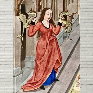 Medieval Illustration, 5x7" Witch and Dragons, 14th Century Book Illumination, 1300s 1400s Art ...