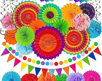 35PCS Fiesta Paper Fan Party Decorations Set - Cinco De Mayo Pom Poms ...