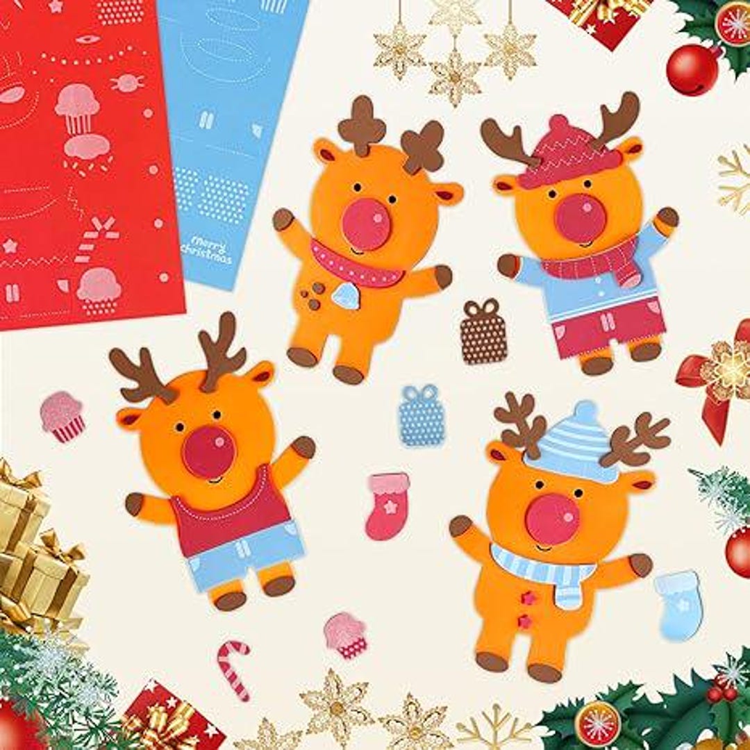 4 Pieces Christmas Reindeer Foam Art Crafts Kit, DIY Make Your Own ...