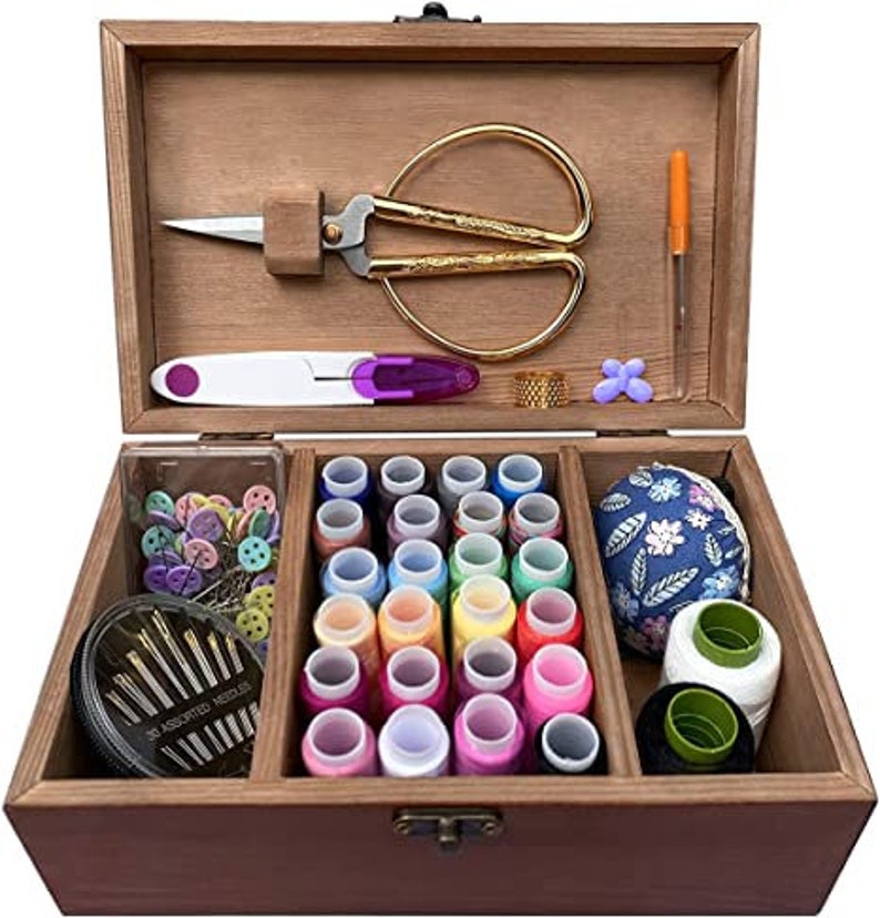 Sewing Kit Wooden Box With Cute Sewing Accessories Hand Sewing Kit - Etsy