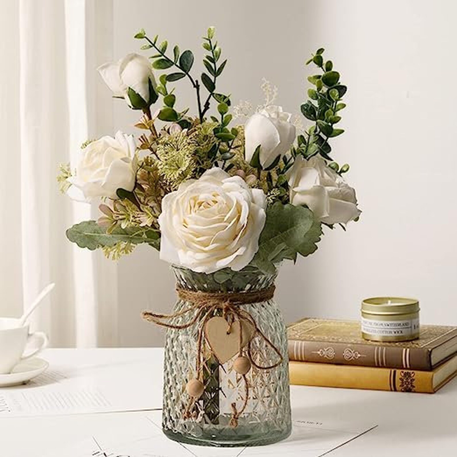 Fake Flowers With Vase, Silk Roses Artificial Flowers in Vase, Faux ...
