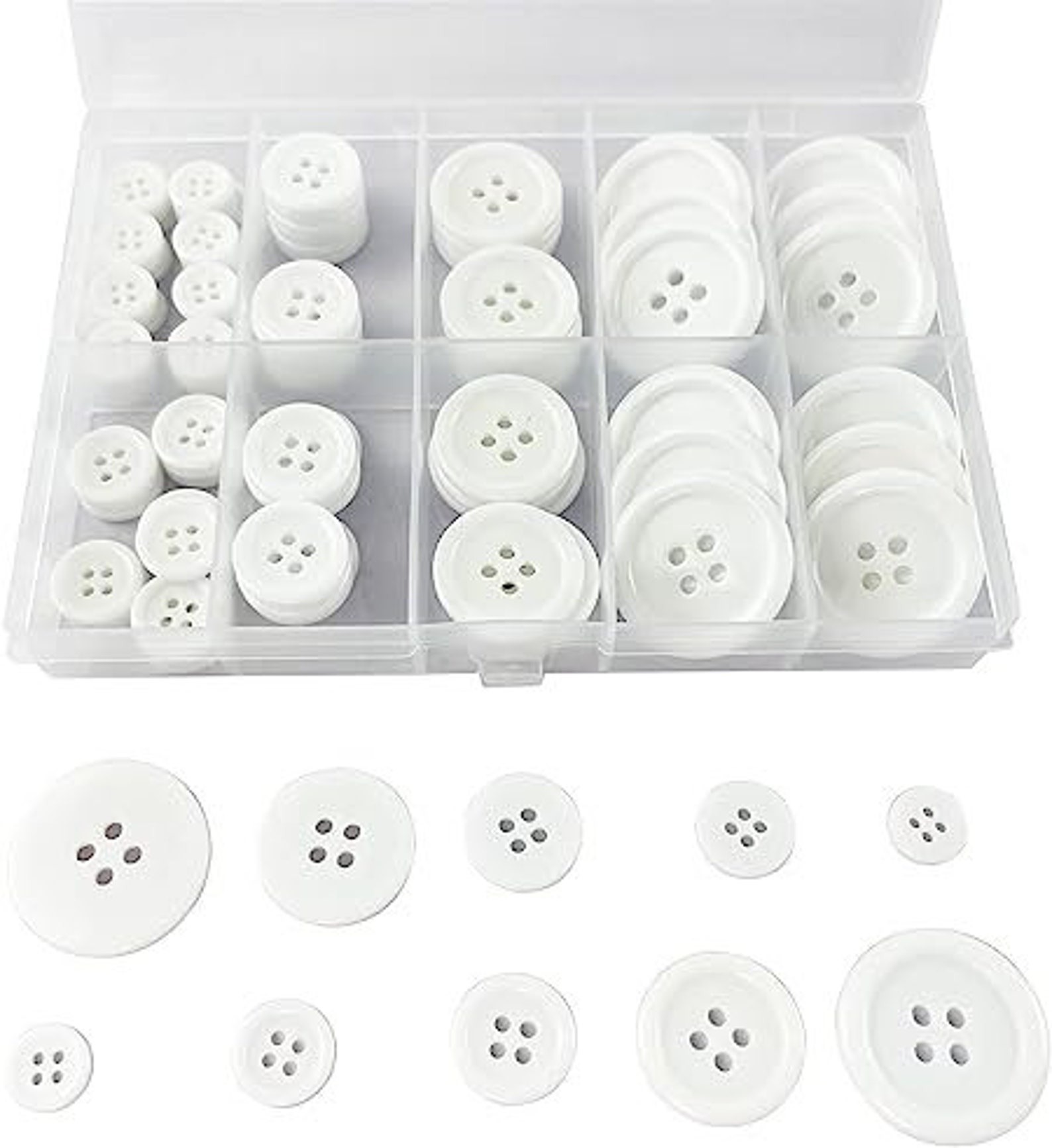 100pcs White Sewing Buttons,4-hole Craft Buttons, 5 Sizes ,with ...