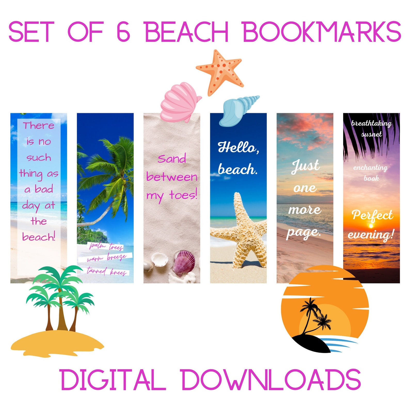 Beach Printable Bookmarks, Beach Themed Bookmarks, Printable Bookmark ...