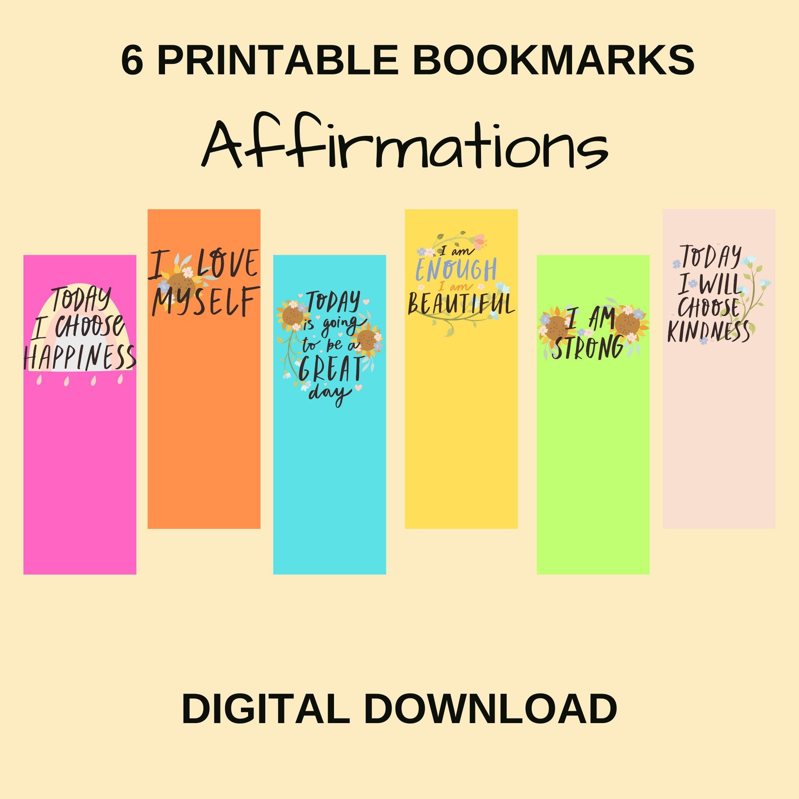 Positive Affirmation Bookmarks Set of 6, Unique Printable Bookmarks ...