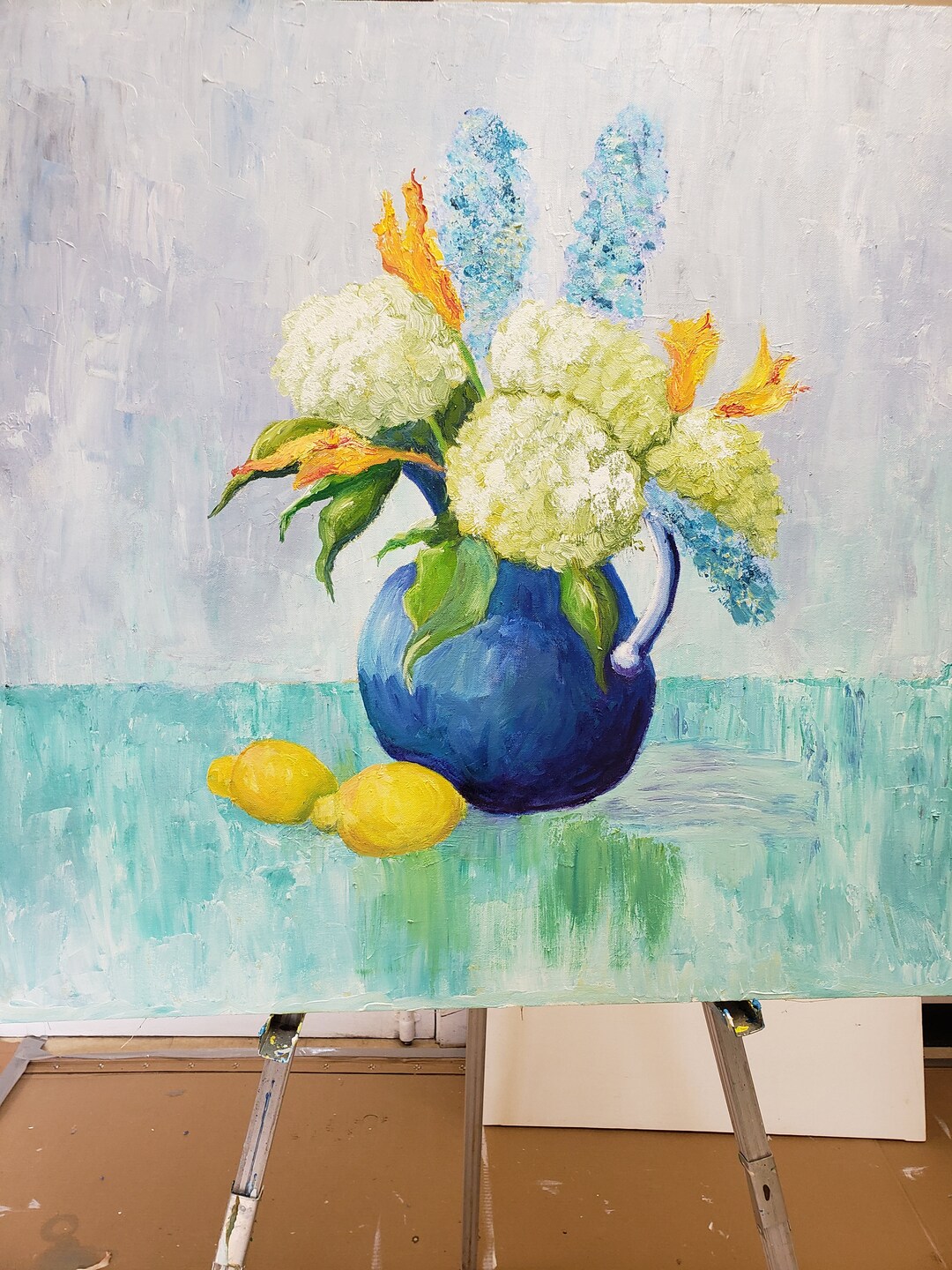 Original Oil on Canvas, Pallet Knife Painting. Hydrangea, Delphinium ...