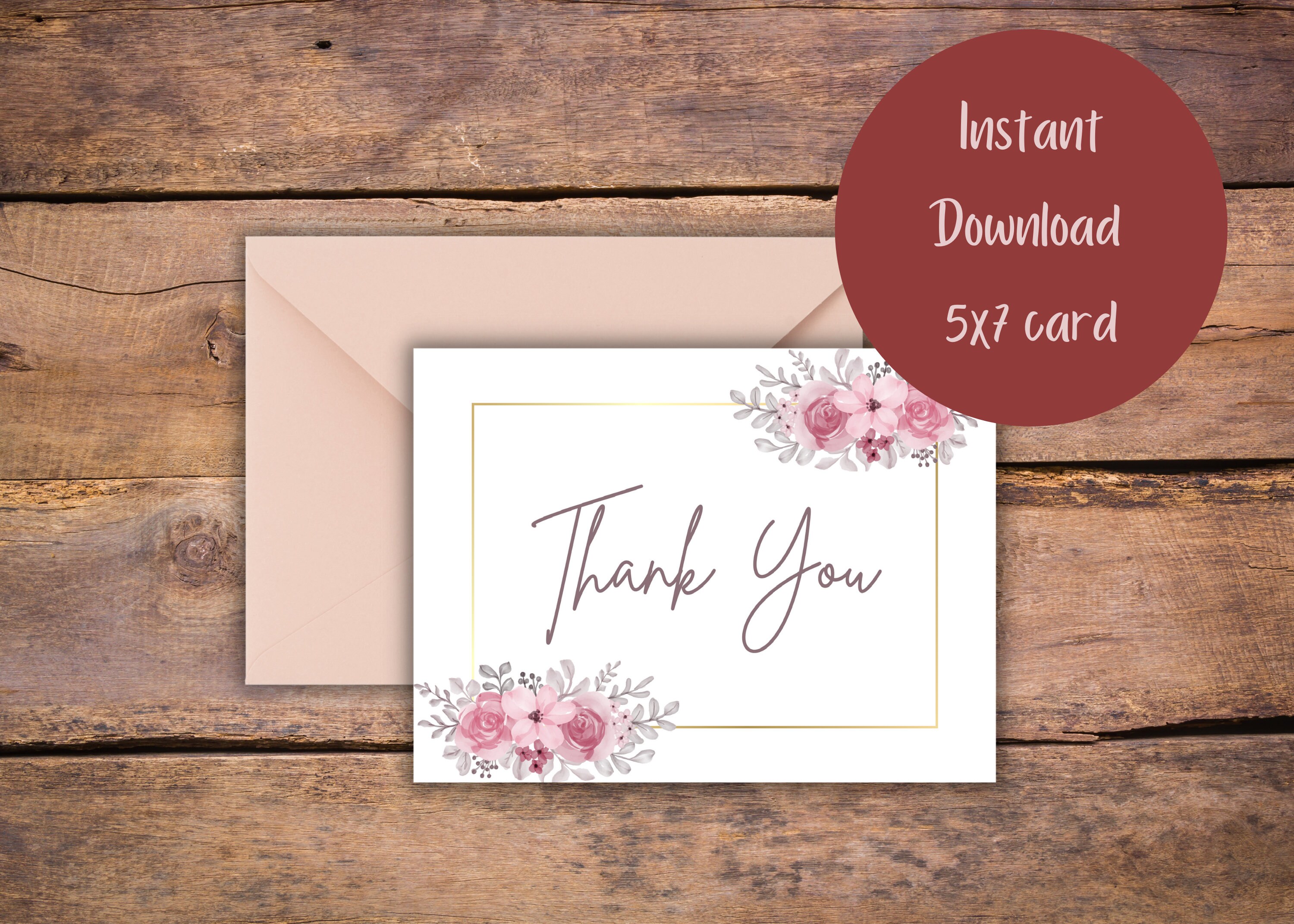 Digital Thank You Card PDF Instant Download Thank You Card Roses ...