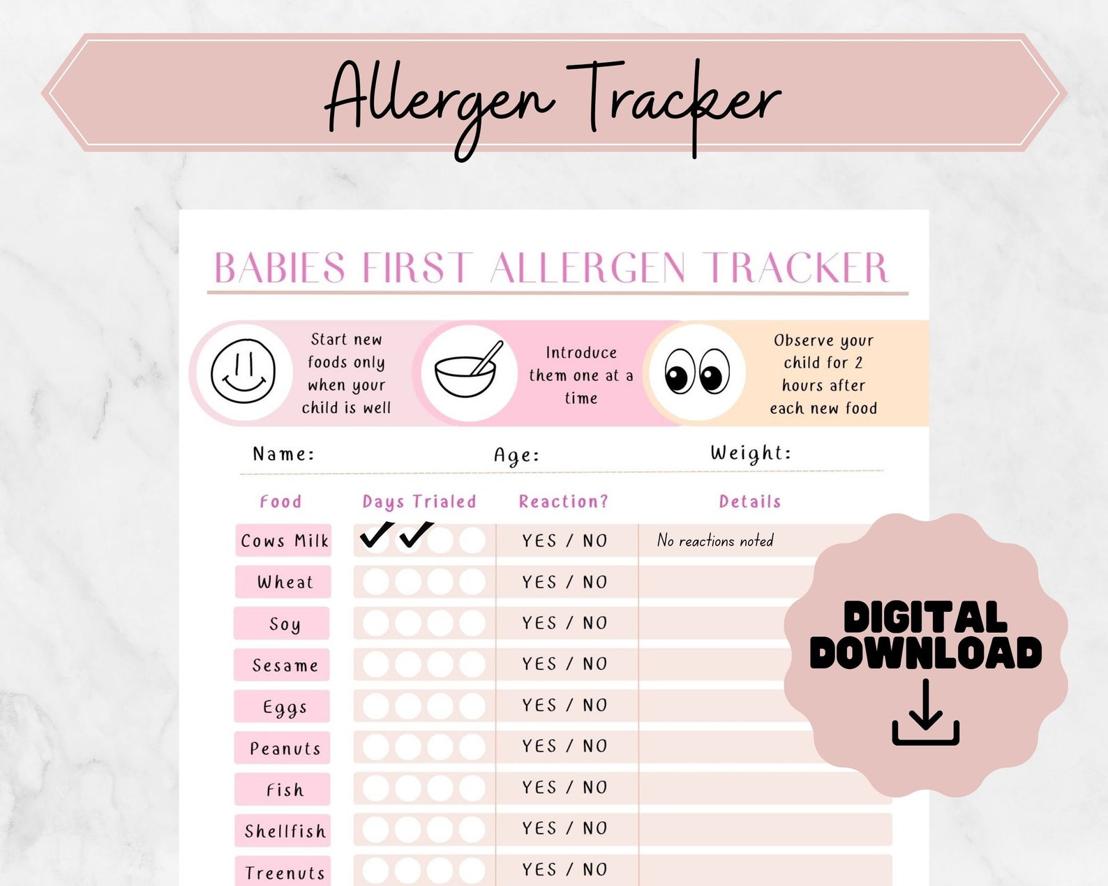 Baby Allergy Tracker, Printable Food Tracker, Baby Led Weaning ...