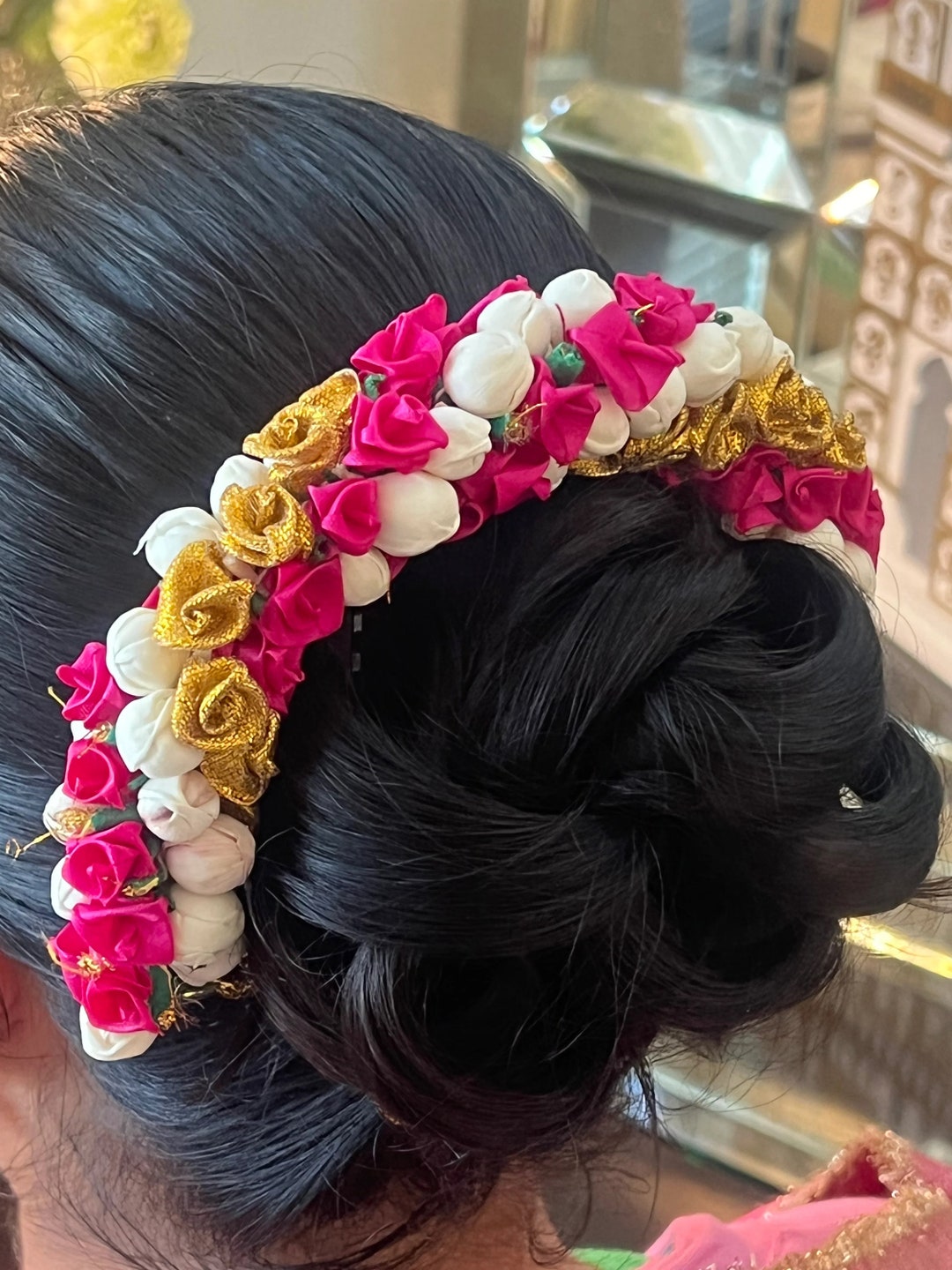 Artificial PINK and Gold Gajra Wrap for Hair, Brides and Bridesmaids ...