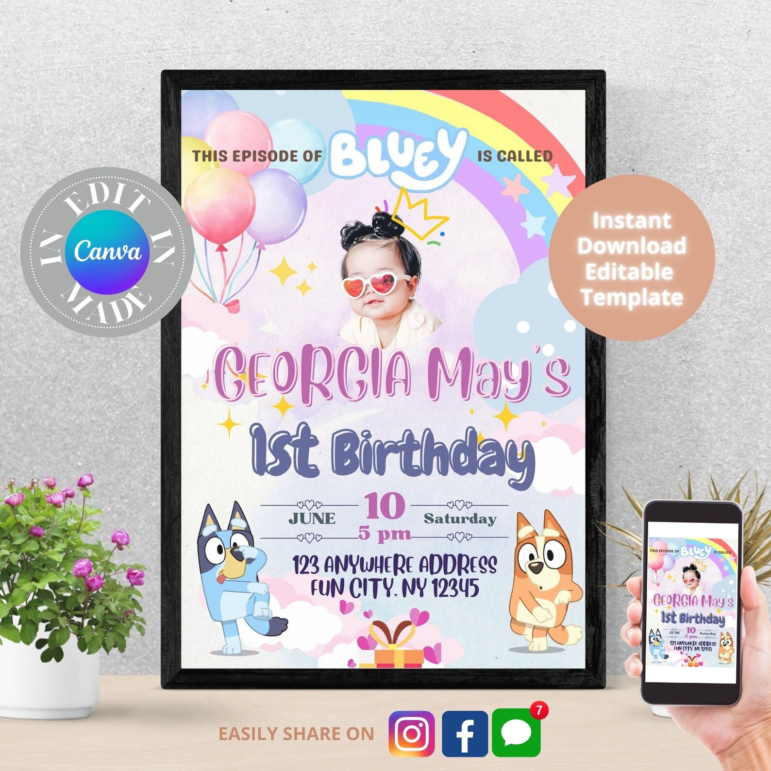 Bluey Editable Birthday Invitation Canva Template, Bluey Kids Invite ...
