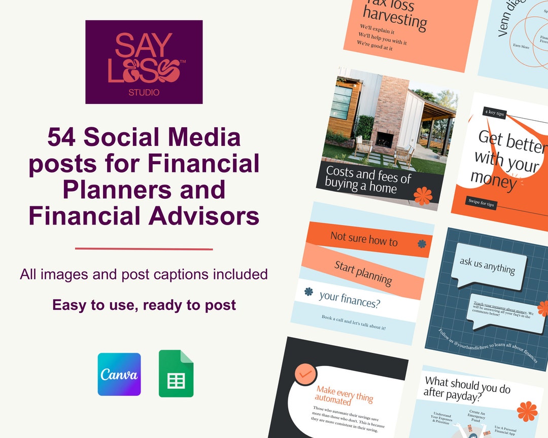 54 Ready-to-post Social Media Designs for Financial Planners Advisors in Blue, Coral, & Charcoal ...