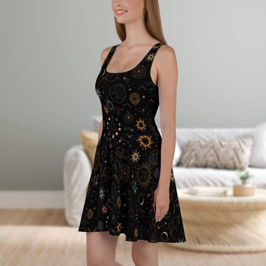 Celestial Black Summer Dress for Women, Moon and Stars Sundress, Black ...