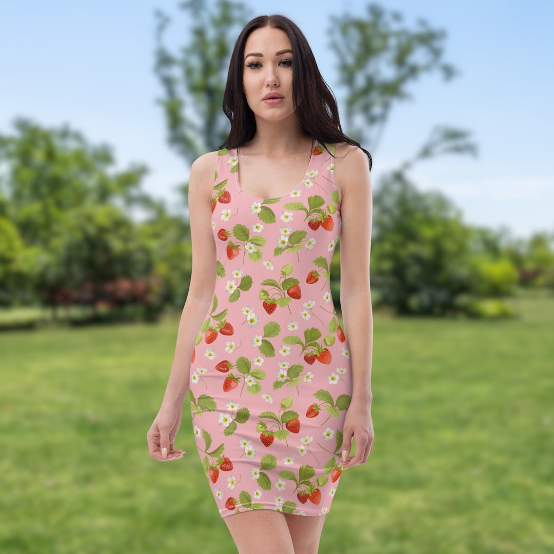 Pink Strawberry Bodycon Dress for Women, Fruity Summer Dress, Berry ...