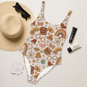 Retro One Piece Swimsuit for Women, Groovy Mushrooms Swimwear, Floral ...