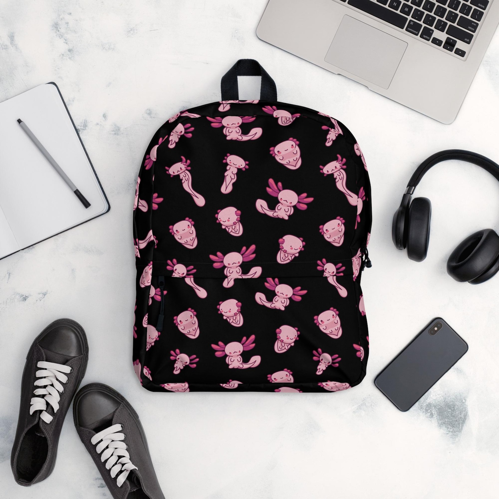 Axolotl Backpack for Women, Pink and Black Bookbag, Axolotl Lovers Gift ...