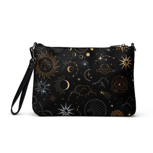 Black Celestial Crossbody Bag for Women, Faux Leather Handbag With ...