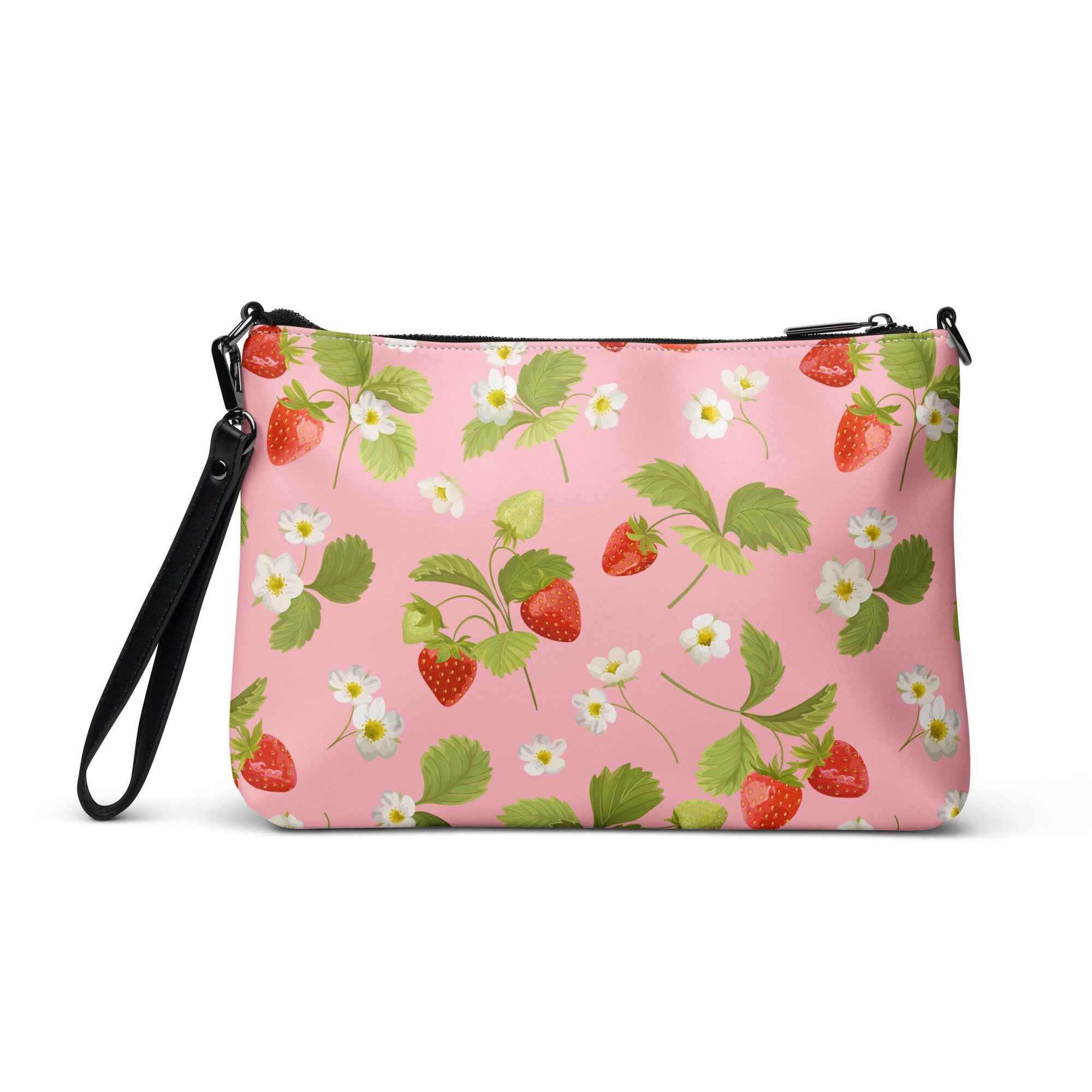 Pink Strawberries Crossbody Bag for Women, Pink Floral Faux Leather ...
