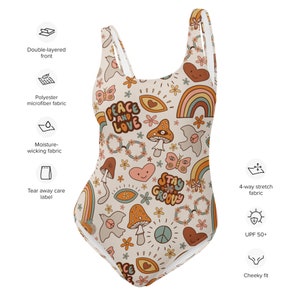 Retro One Piece Swimsuit for Women, Groovy Mushrooms Swimwear, Floral ...