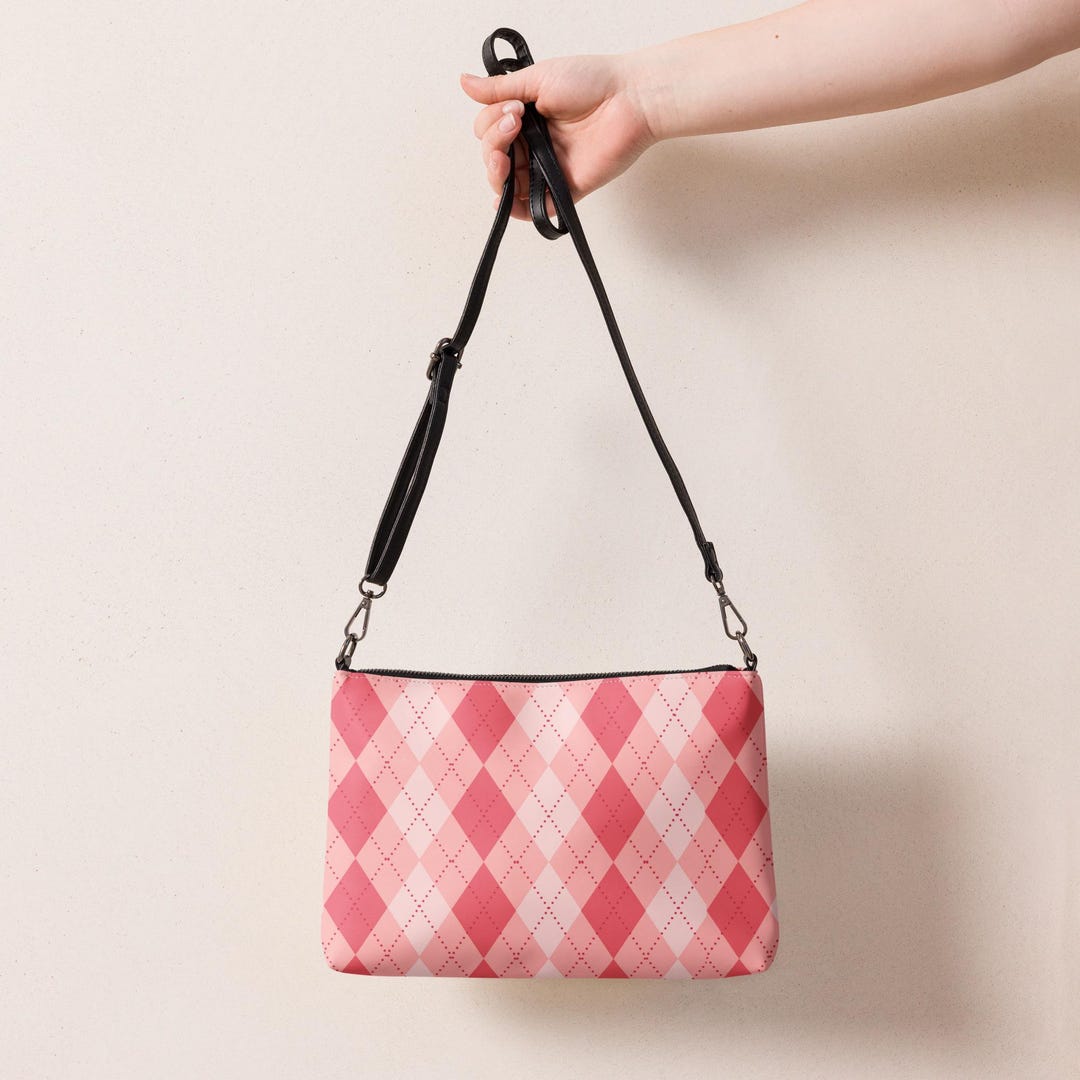 Pink Argyle Preppy Crossbody Bag for Women, Diamond Pattern Faux ...