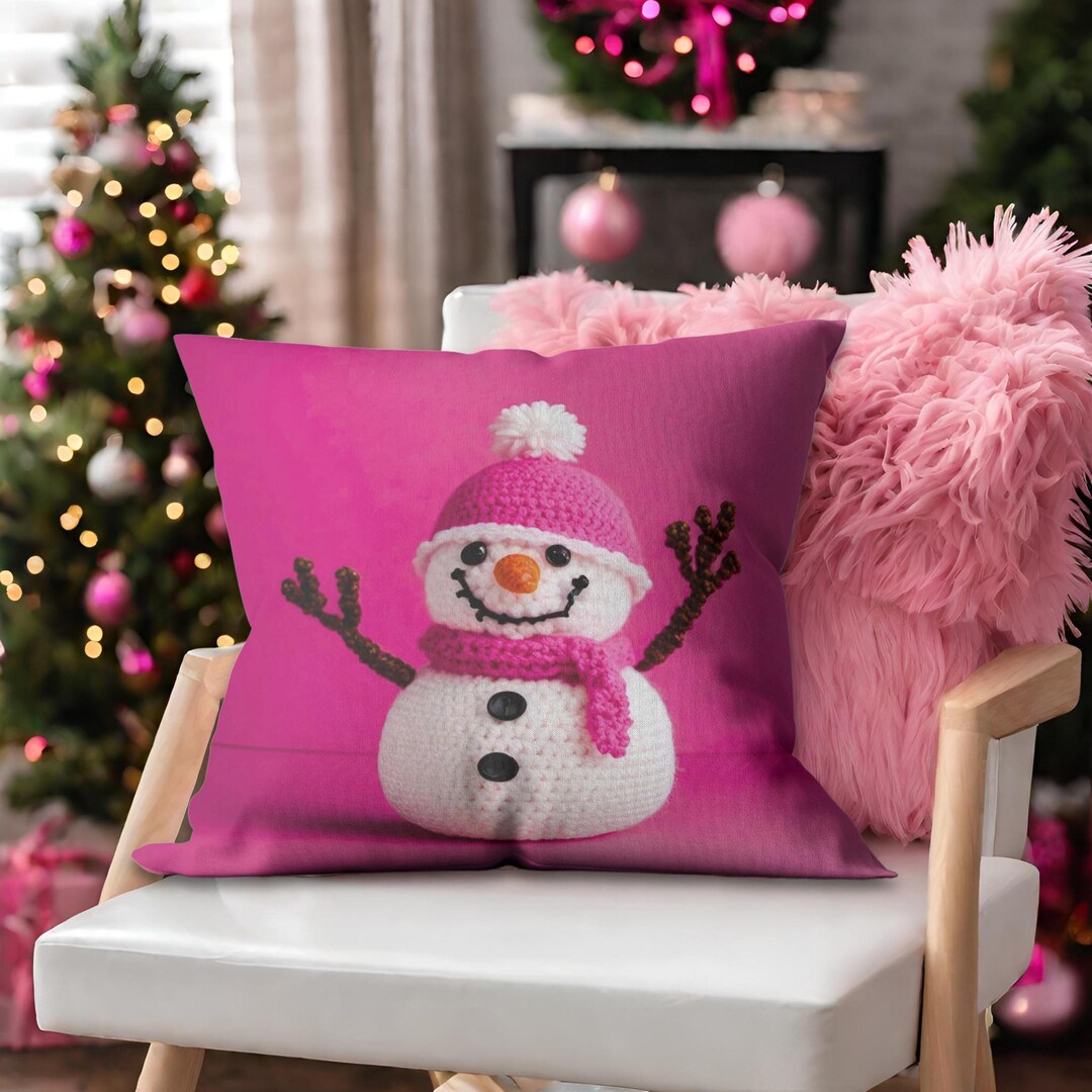 Pink Christmas Throw Pillow, 3D Crochet Snowman Polyester Square Pillow ...