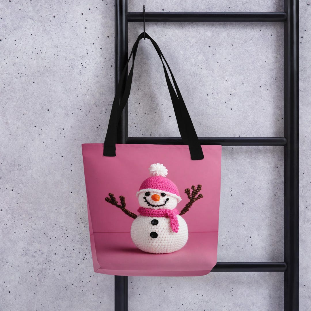 Pink Crochet Snowman Christmas Tote Bag for Women, 3D Snowman Tote ...
