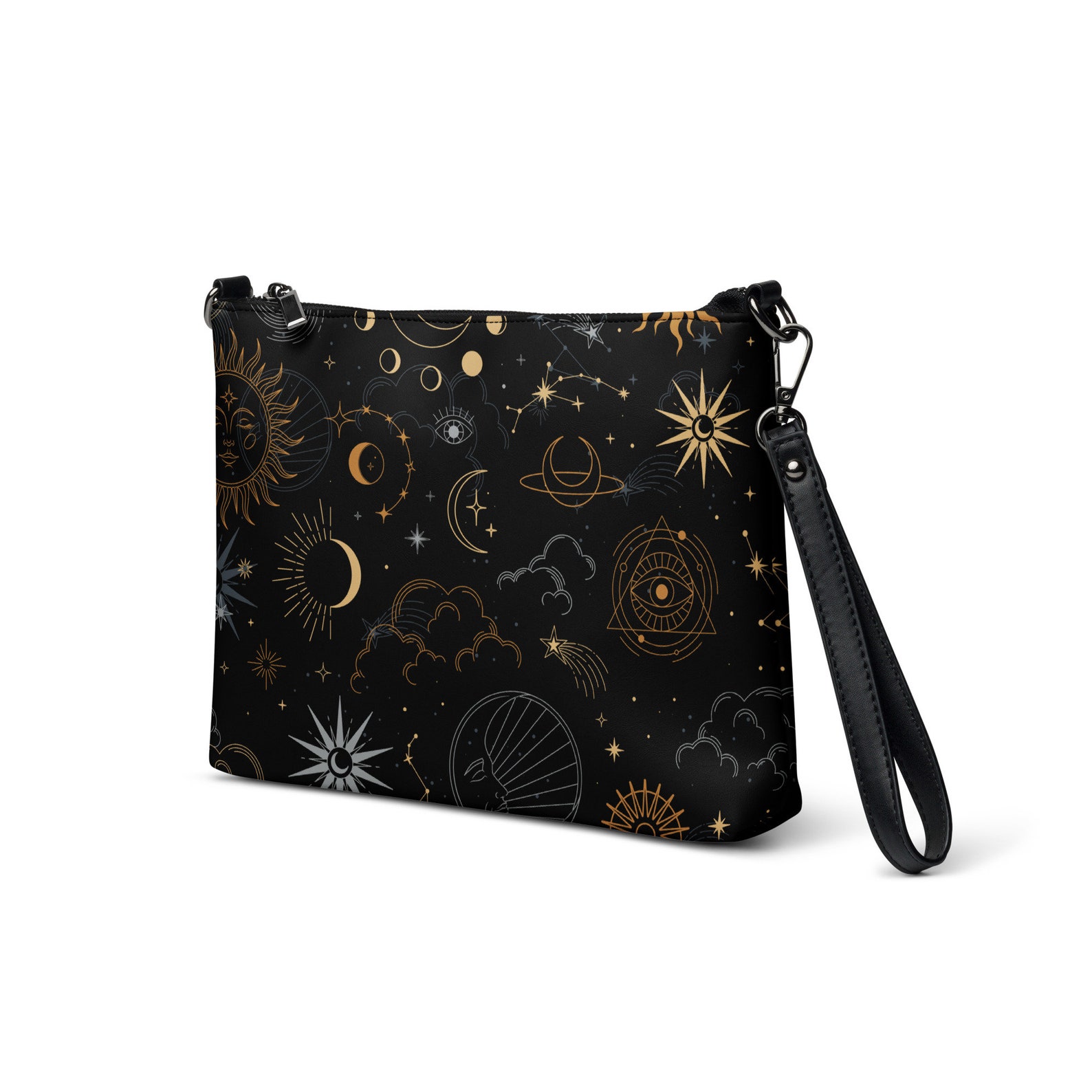 Black Celestial Crossbody Bag for Women, Faux Leather Handbag With ...