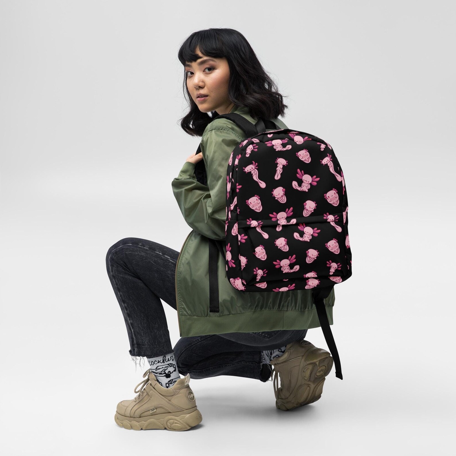 Axolotl Backpack for Women, Pink and Black Bookbag, Axolotl Lovers Gift ...