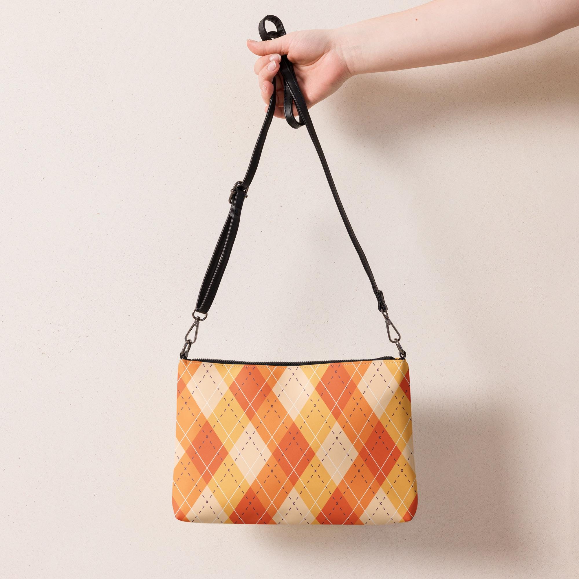Orange Argyle Preppy Crossbody Bag for Women, Fall Pattern Faux Leather ...