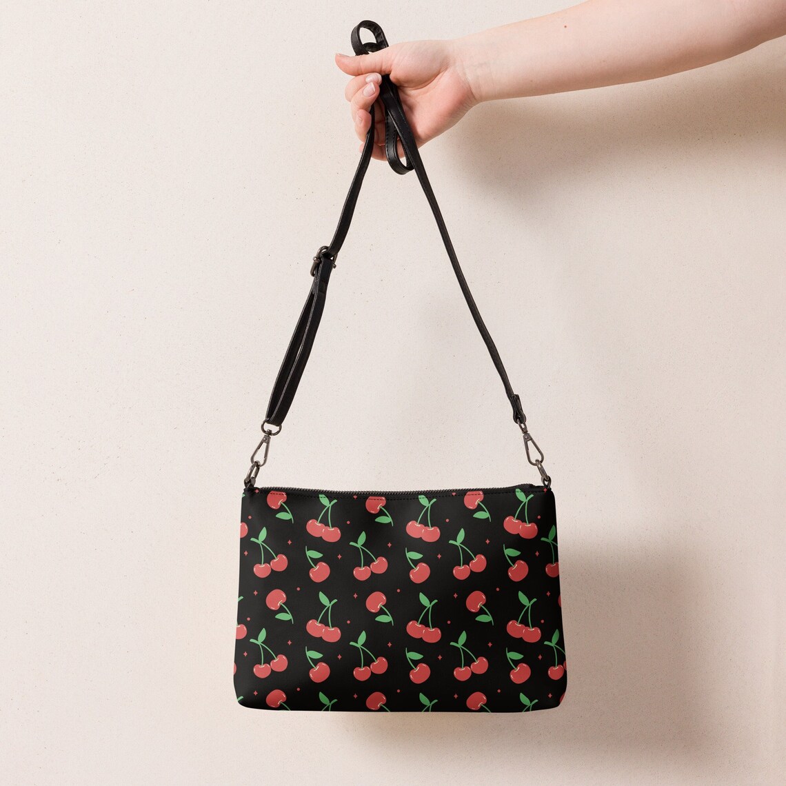 Cherry Crossbody Bag for Women, Black Faux Leather Handbag With ...