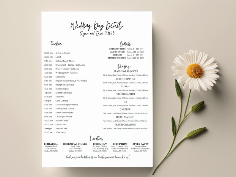 Editable Wedding Day Timeline Template: Minimalist Modern Design (PDF ...