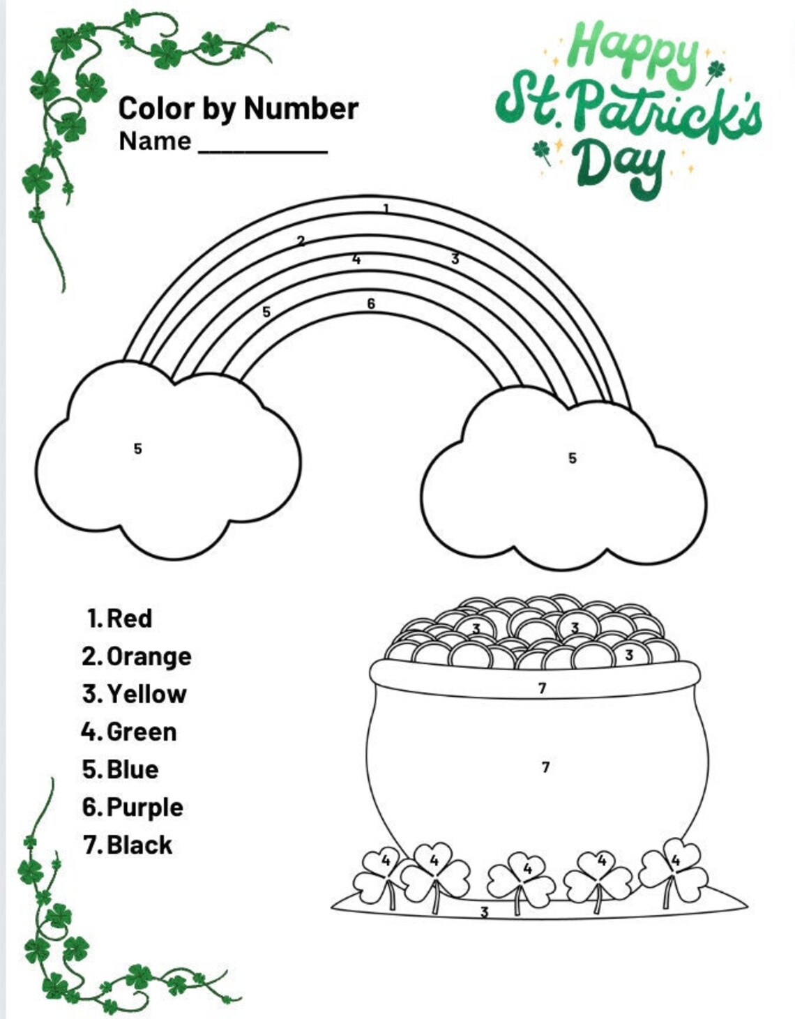 St Patricks Day Color by Number Worksheet - Etsy