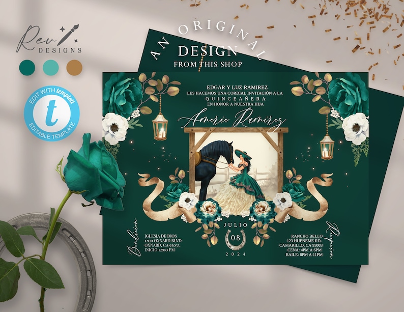 Editable Quinceanera Charra Emerald Green Invitation,charro Invitation ...