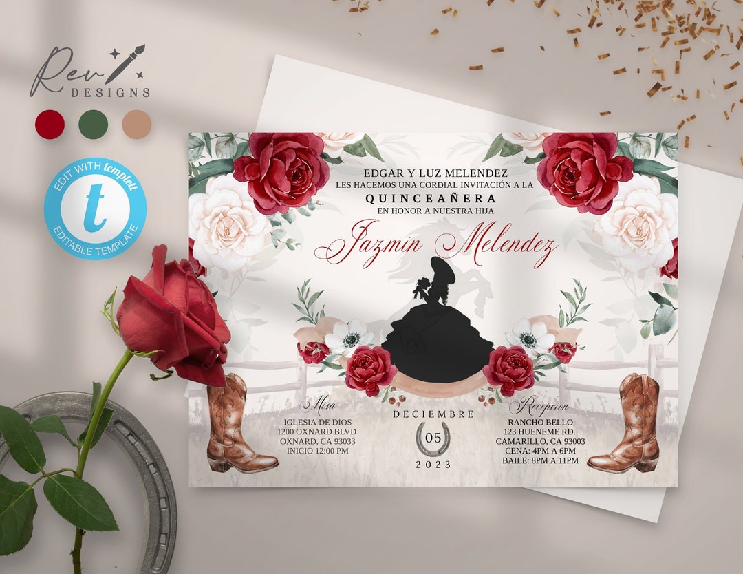 Editable Quinceanera Red Charra Invitation, Charro Invitation, Mexican ...