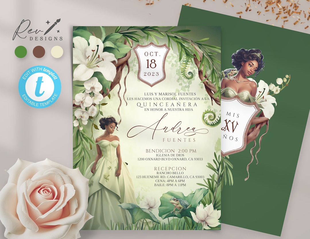 Editable Quinceanera the Princess and the Frog, Tiana Princess ...