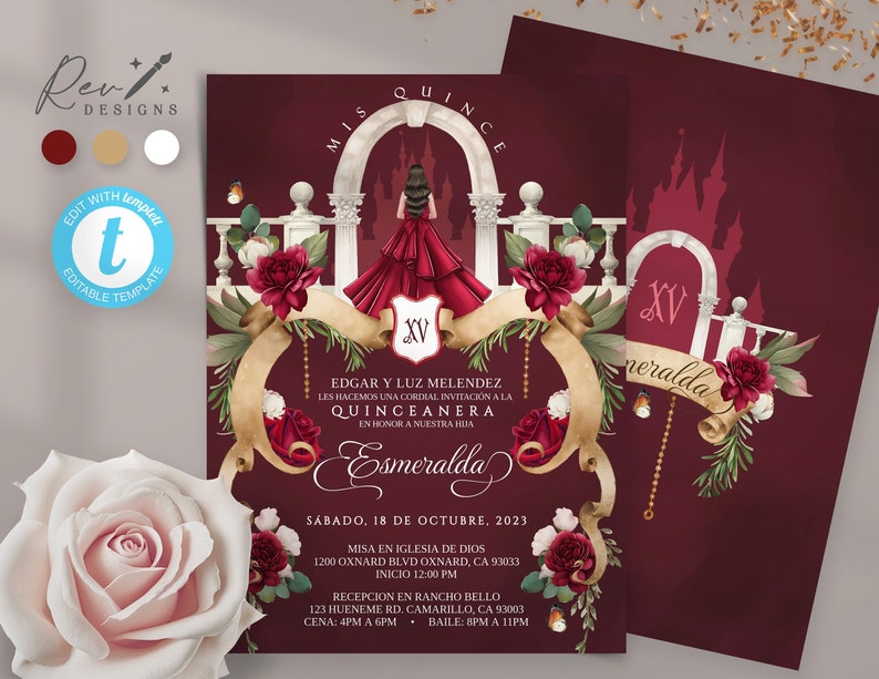Editable Quinceanera Burgundy Red Princess, Castle Quinceanera ...