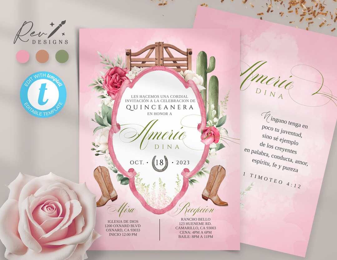 Editable Quinceanera Soft Pink Boho Western Quinceanera Invitation ...