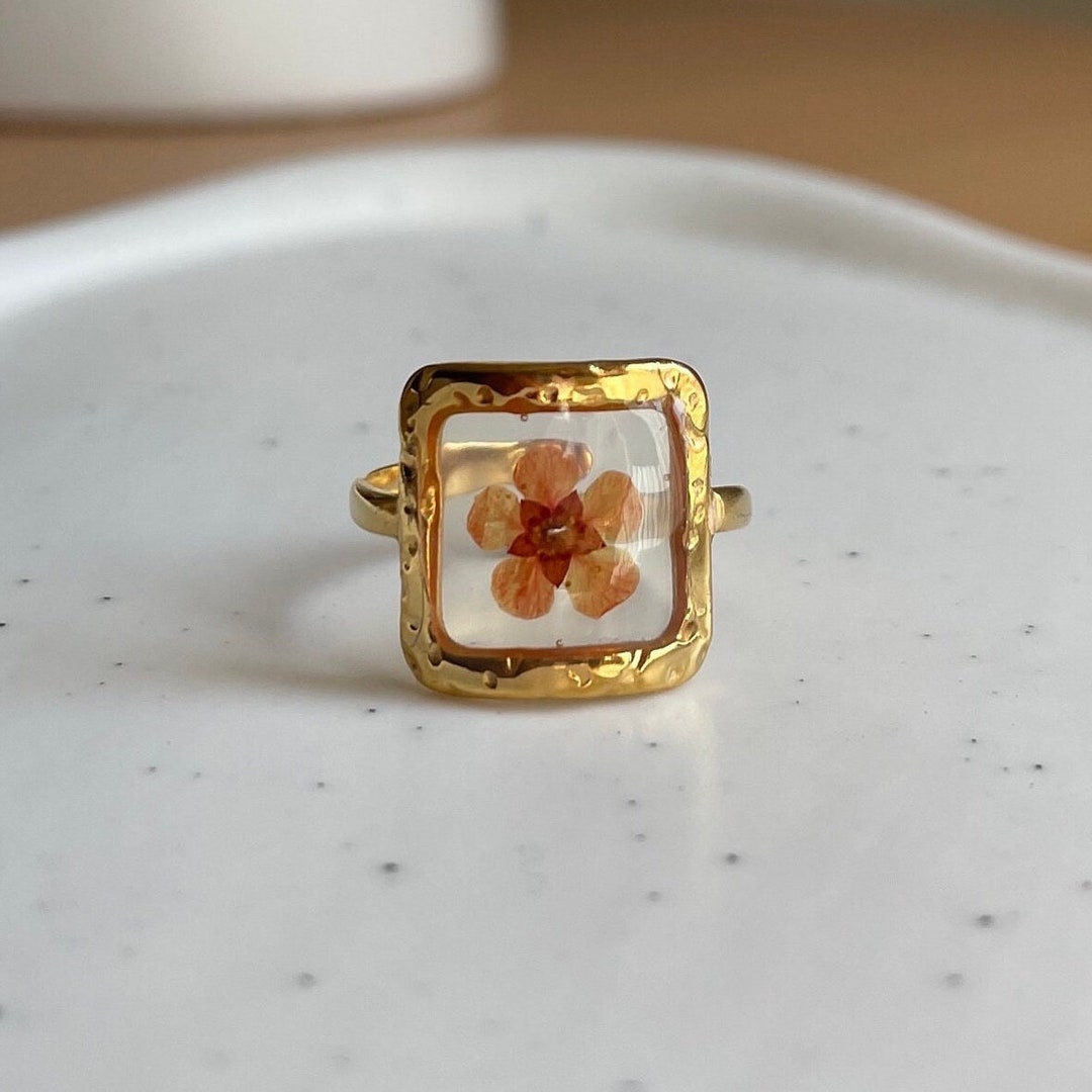 Beautiful Pink Pressed Flower Adjustable Ring, Pink Flower Square Ring, 18k Gold Plated Ring ...
