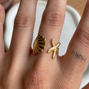 Starfish and Shell 18k Gold Plated Ring, Beach Ring, Surfer Ring ...