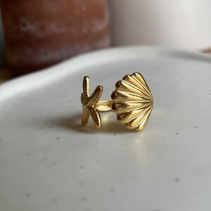 Starfish and Shell 18k Gold Plated Ring, Beach Ring, Surfer Ring ...