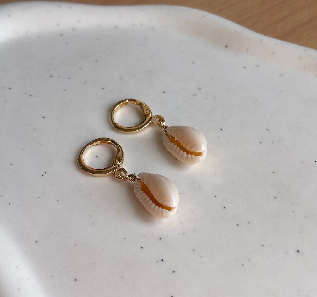 Cowrie Shell Huggie Earrings, Tiny Cowrie Shell Hoop Earrings ...