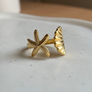 Starfish and Shell 18k Gold Plated Ring, Beach Ring, Surfer Ring ...